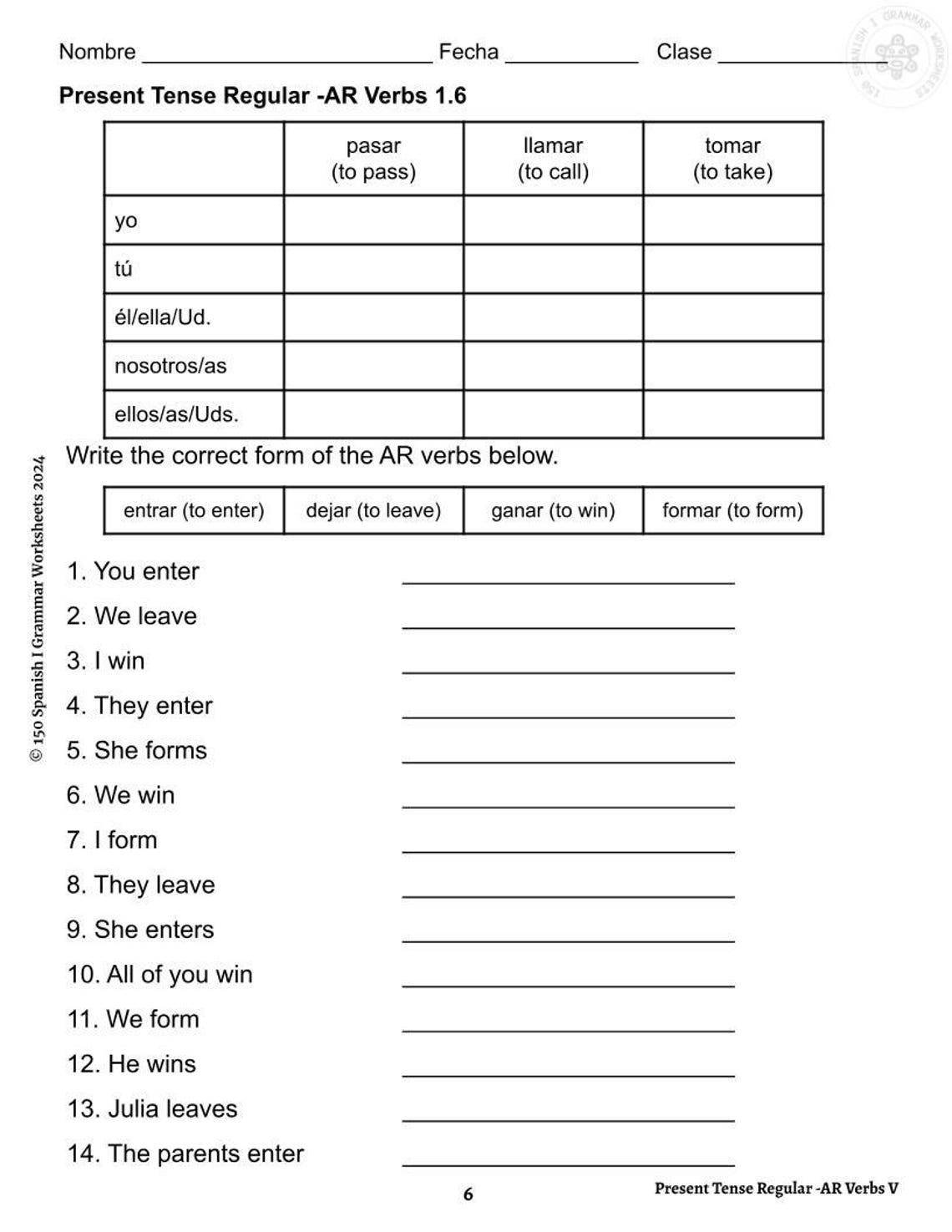 Spanish -AR Present Tense Bundle With Answers (14pages) - Etsy