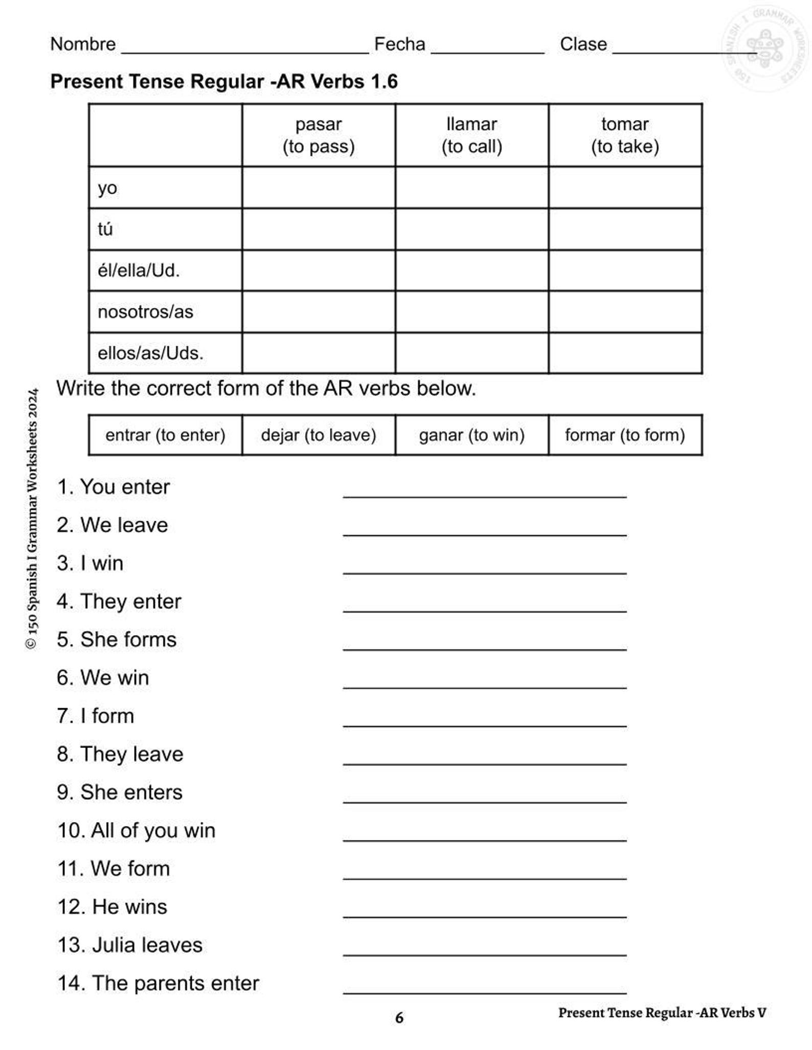 Spanish -AR Present Tense Bundle With Answers (14pages) - Etsy