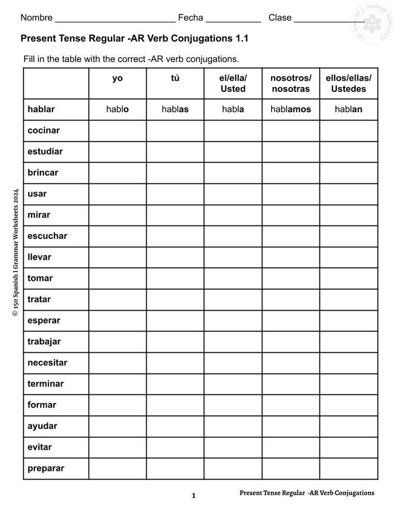 Spanish -AR Present Tense Bundle With Answers (14pages) - Etsy