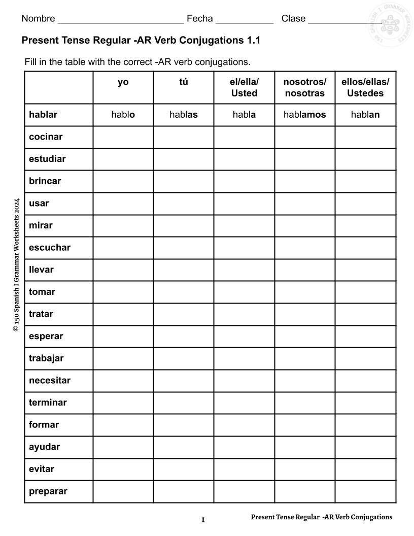Spanish -AR Present Tense Bundle With Answers (14pages) - Etsy