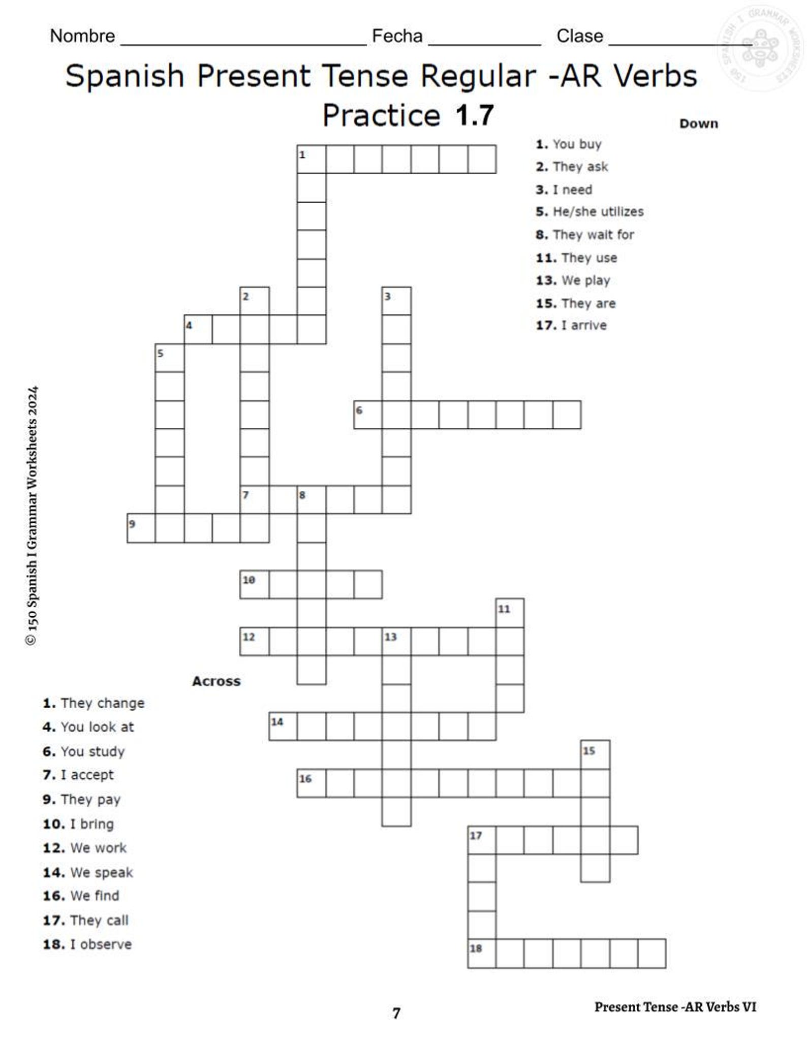 Spanish -AR Present Tense Bundle With Answers (14pages) - Etsy