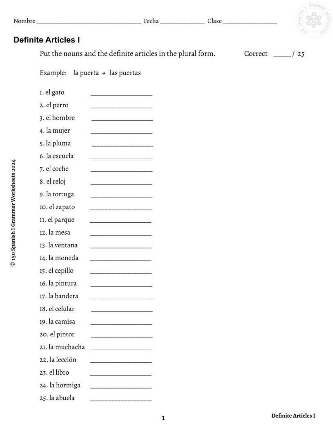 Spanish Definite and Indefinite Articles Practice Worksheet Bundle (4 ...
