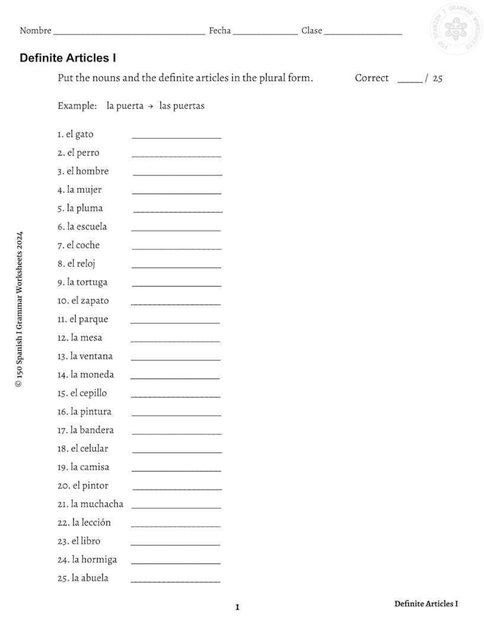 Spanish Definite and Indefinite Articles Practice Worksheet Bundle (4 ...