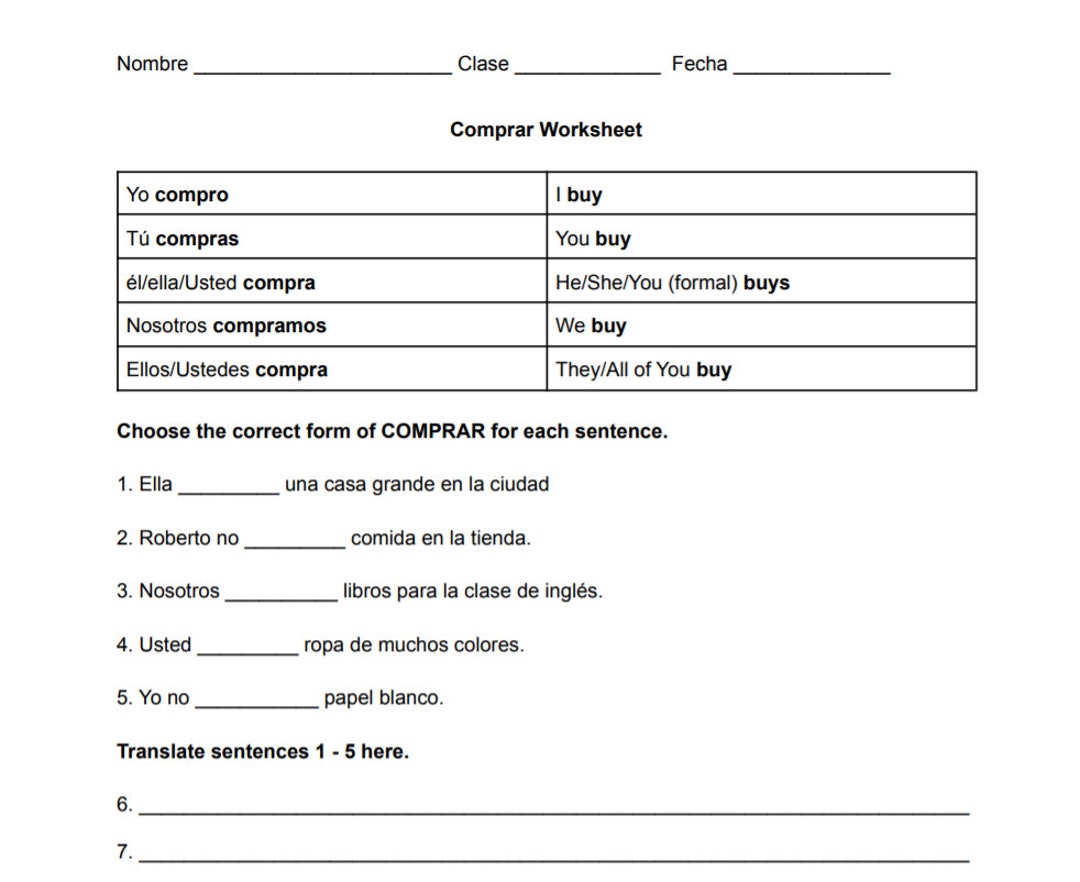 Spanish Comprar Worksheet - Etsy