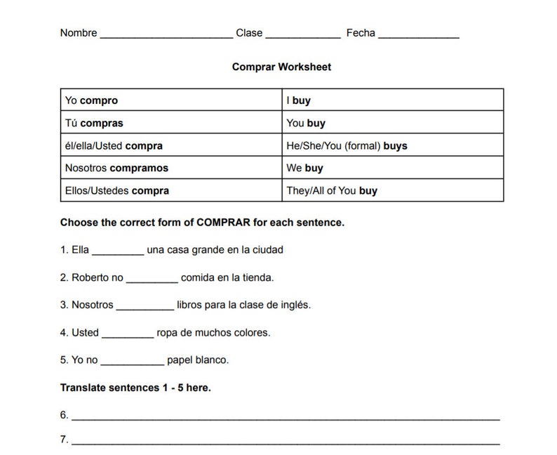 Spanish Comprar Worksheet - Etsy