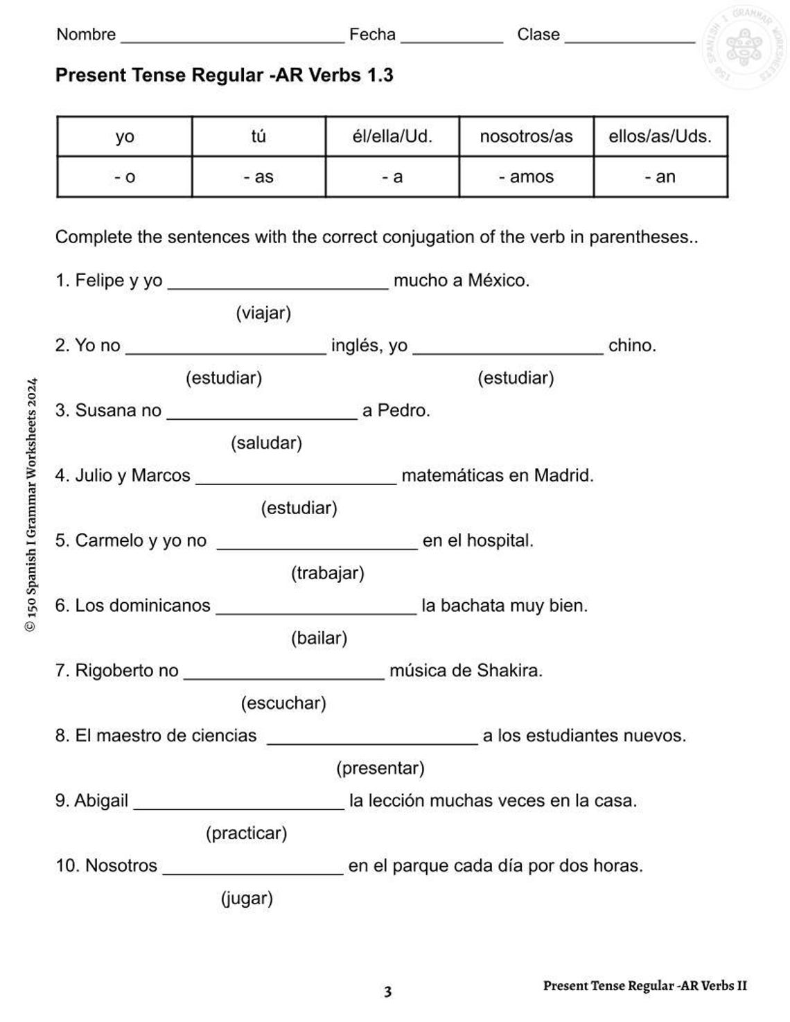 Spanish -AR Present Tense Bundle With Answers (14pages) - Etsy