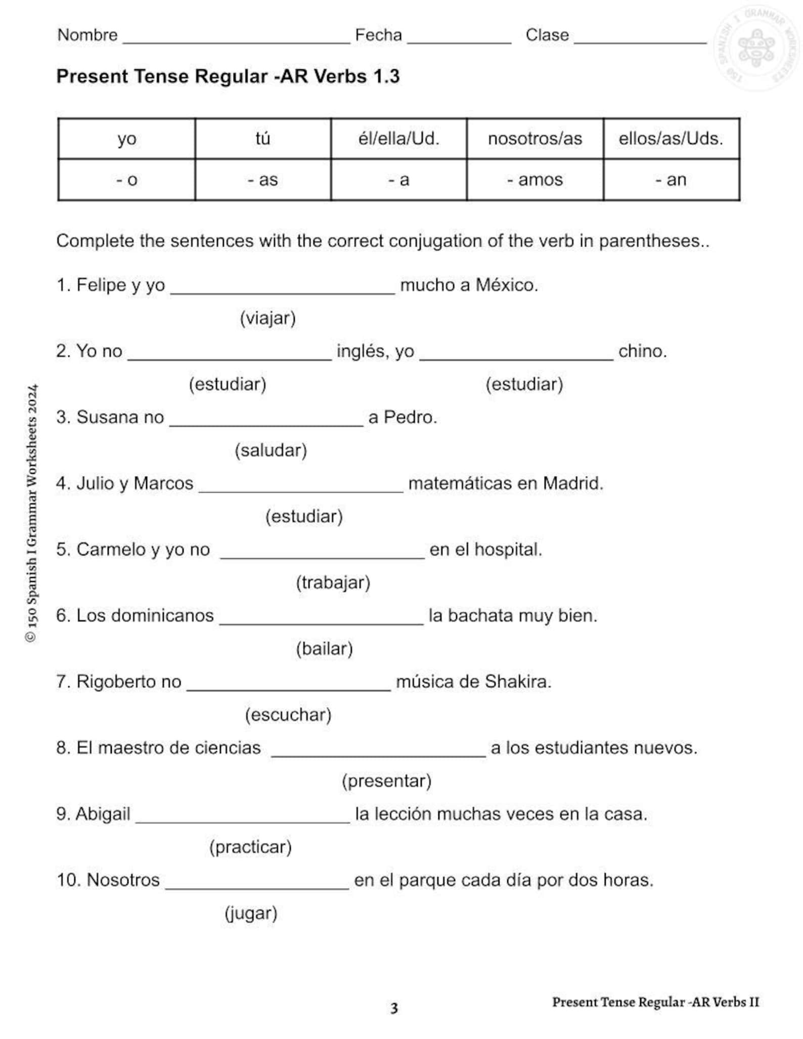 Spanish -AR Present Tense Bundle With Answers (14pages) - Etsy