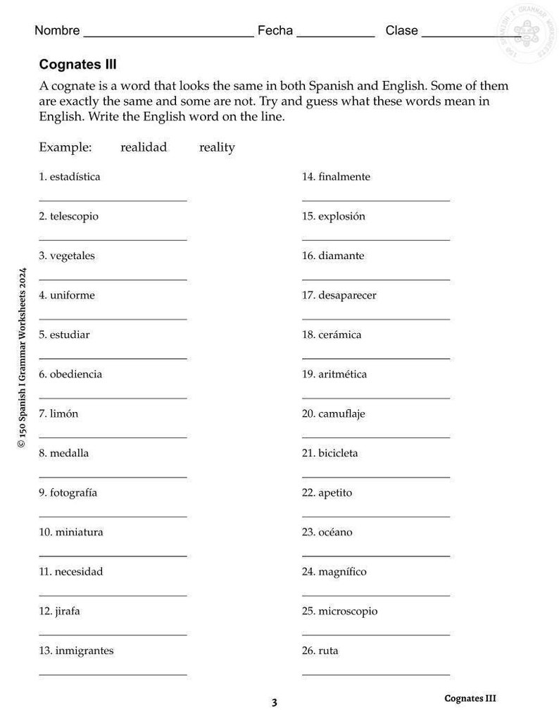 Three Cognates Worksheet Bundle (3 Pages) - Etsy