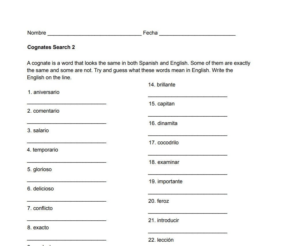 Spanish Cognates Worksheet 2 - Etsy