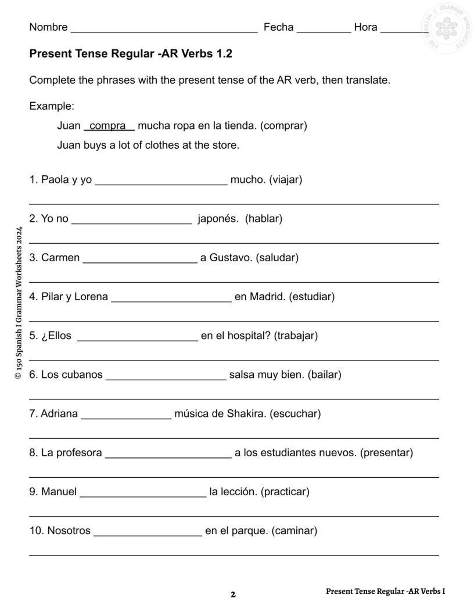 Spanish -AR Present Tense Bundle With Answers (14pages) - Etsy