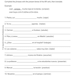 Spanish -AR Present Tense Bundle With Answers (14pages) - Etsy