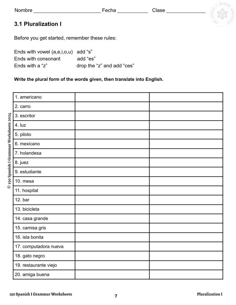 150 Spanish I Grammar Worksheets - Etsy