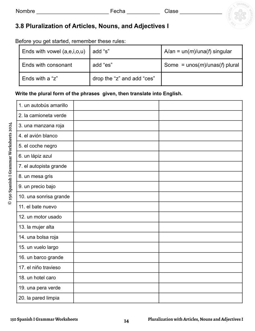 150 Spanish I Grammar Worksheets - Etsy