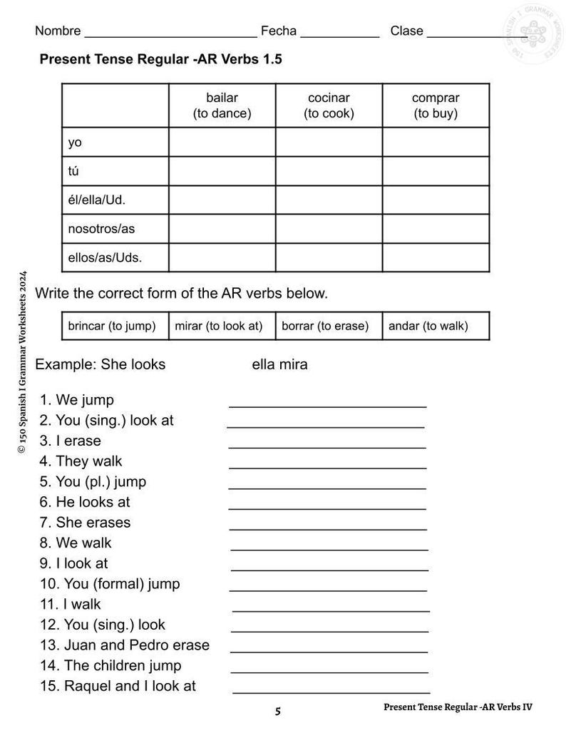 Spanish -AR Present Tense Bundle With Answers (14pages) - Etsy