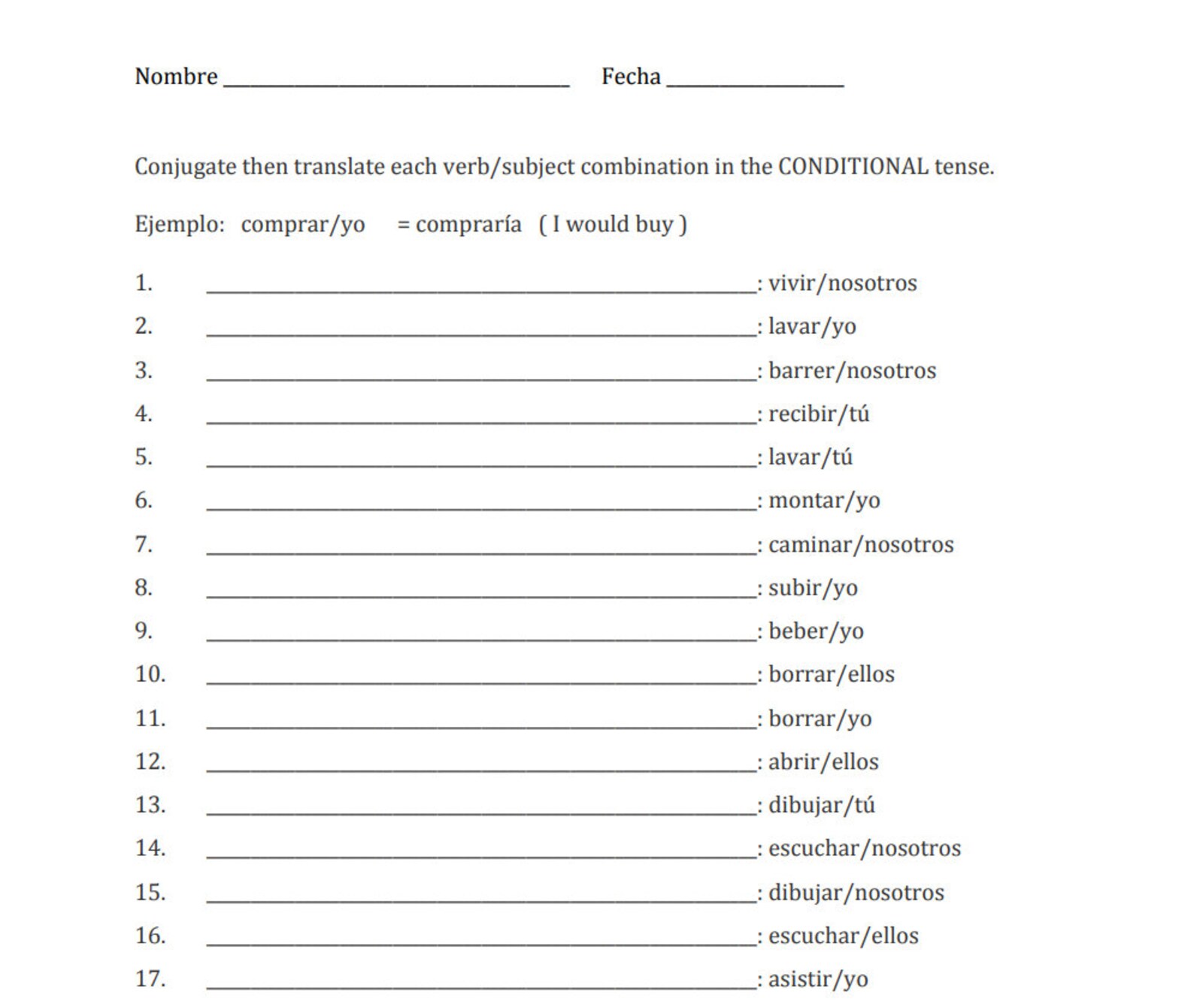 50 Spanish Conditional Tense Conjugations Worksheet - Etsy