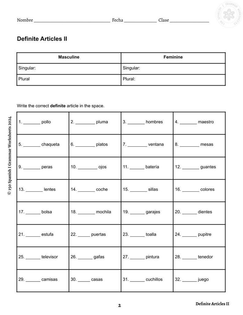 Spanish Definite and Indefinite Articles Practice Worksheet Bundle (4 ...