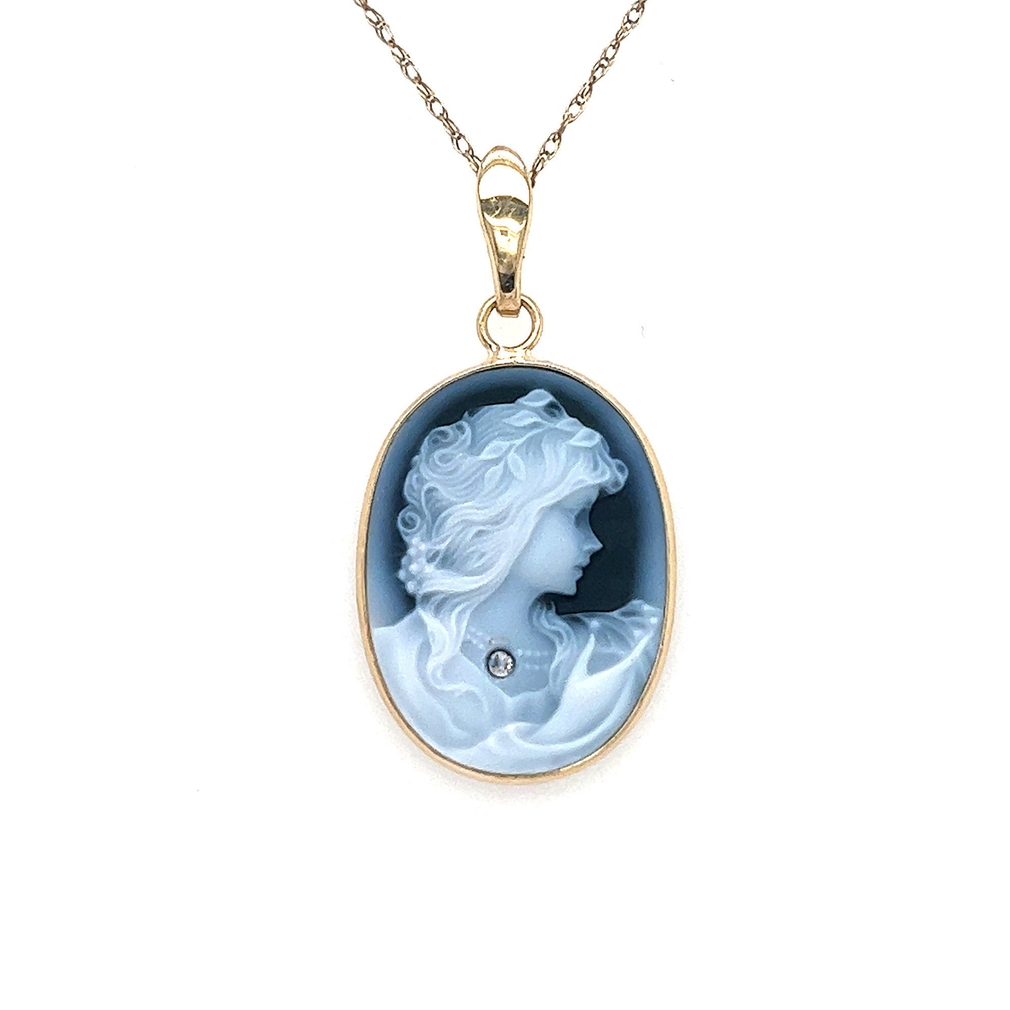 14KT Yellow Gold "young Girl With Diamond" Blue Agate Cameo Pendant ...
