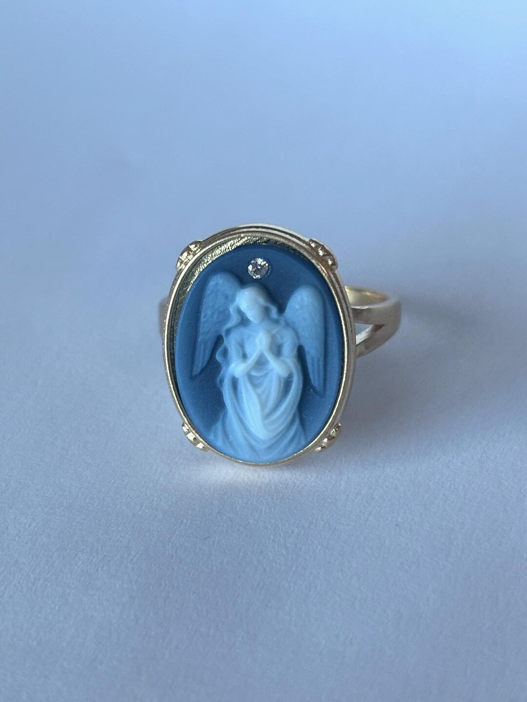 Blue Agate Guardian Angel Cameo Ring – Sterling Silver or Gold Plated ...