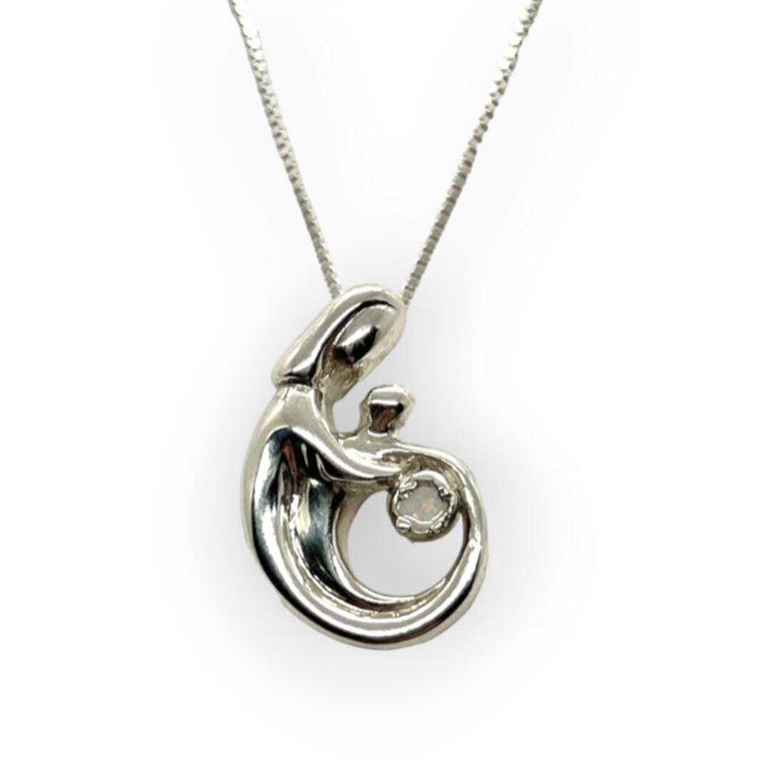 Sterling Silver Mother Child Opal Pendant Necklace - Modern Abstract ...