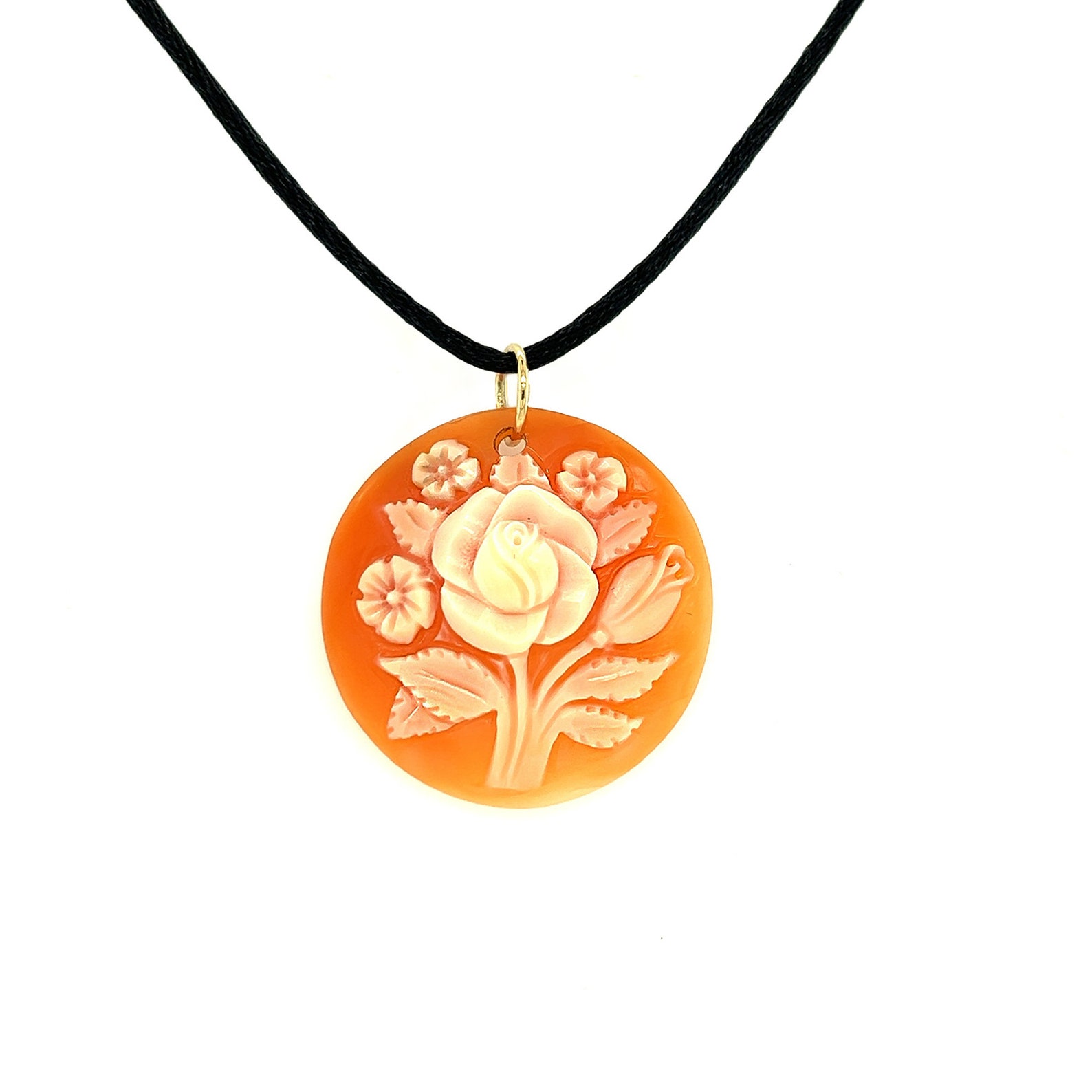 14K Yellow Gold Bell Conch Shell Cameo With Leather Blend Necklace With ...