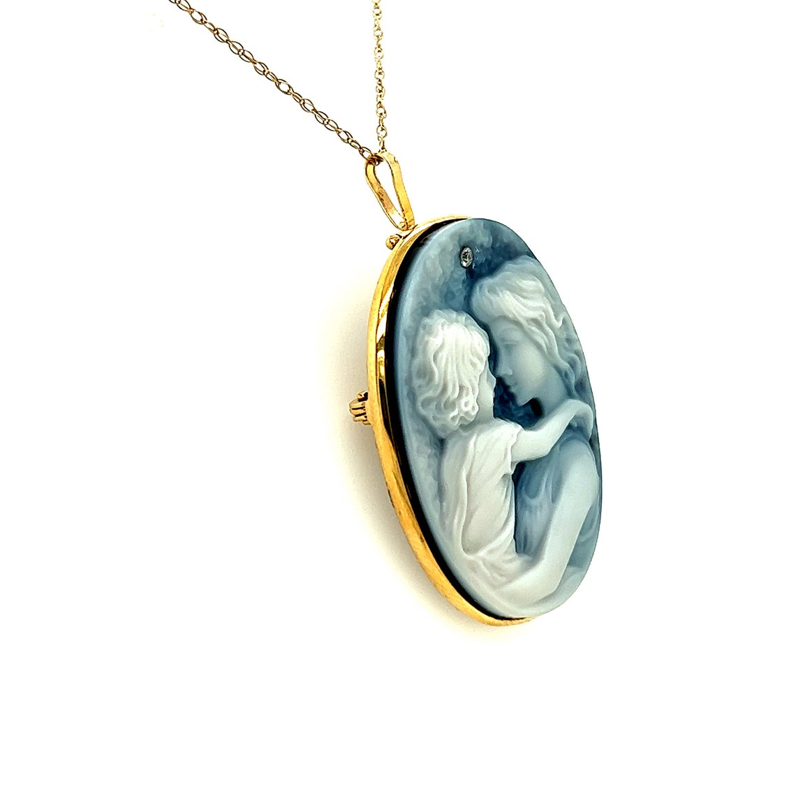 14K Gold Mother and Child Cameo Pendant, Blue Agate, Diamond Accent - Etsy