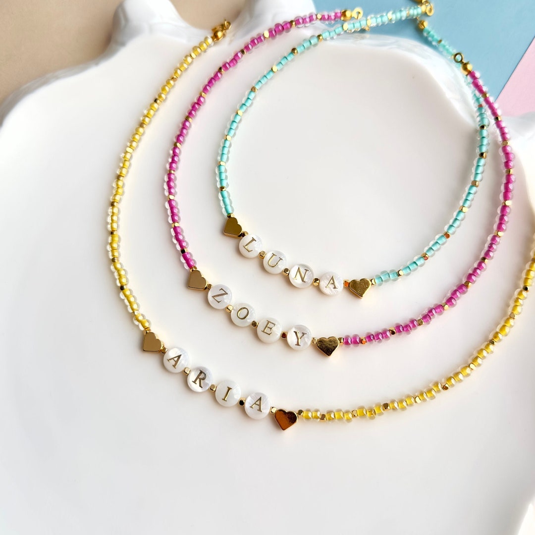 Kids Custom Name Necklace, Mother of Pearl Letter Necklace, Little Girl ...