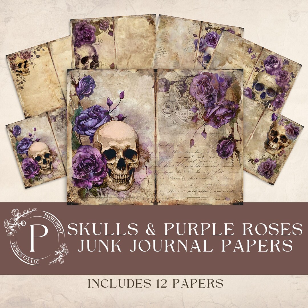 Skulls and Purple Roses Junk Journal Papers, Digital Papers, Scrapbook ...