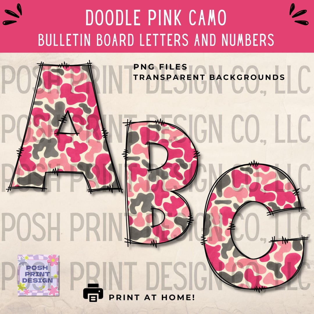 Doodle Pink Camo Alphabet Clip Art, Bulletin Board Letters, PNG Files ...
