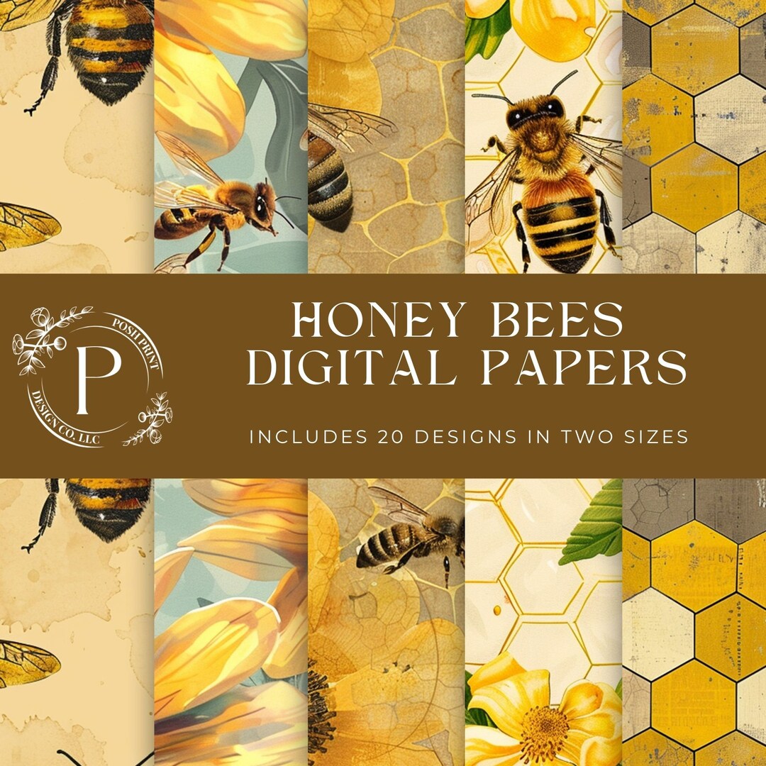 Honey Bees Scrapbook Papers, Digital Papers, Junk Journal Papers, JPG ...
