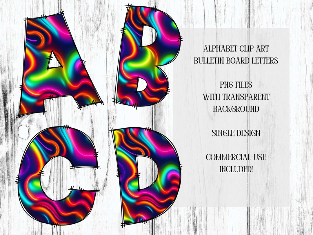 Neon Alphabet Clip Art, Neon Bulletin Board Letters, PNG Files, Digital ...