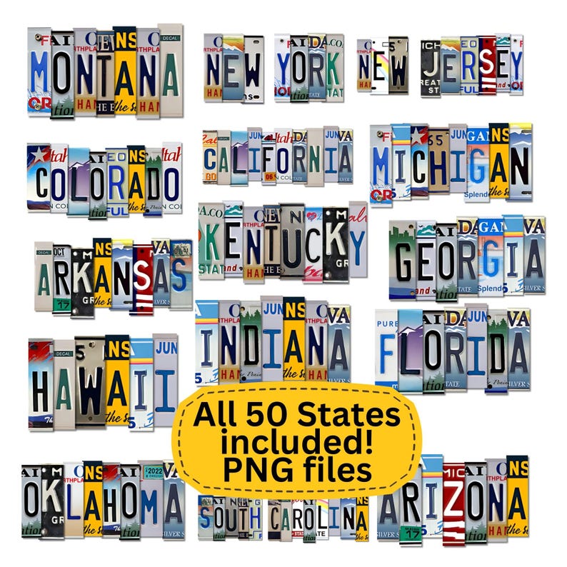 50 License Plate State Names PNG, Sublimation Transfer, T-shirt Design ...