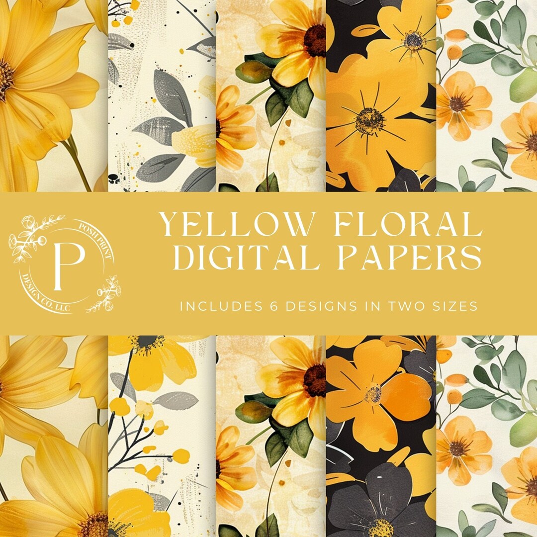 Yellow Floral Scrapbook Papers, Digital Papers, Junk Journal Papers, 8 ...