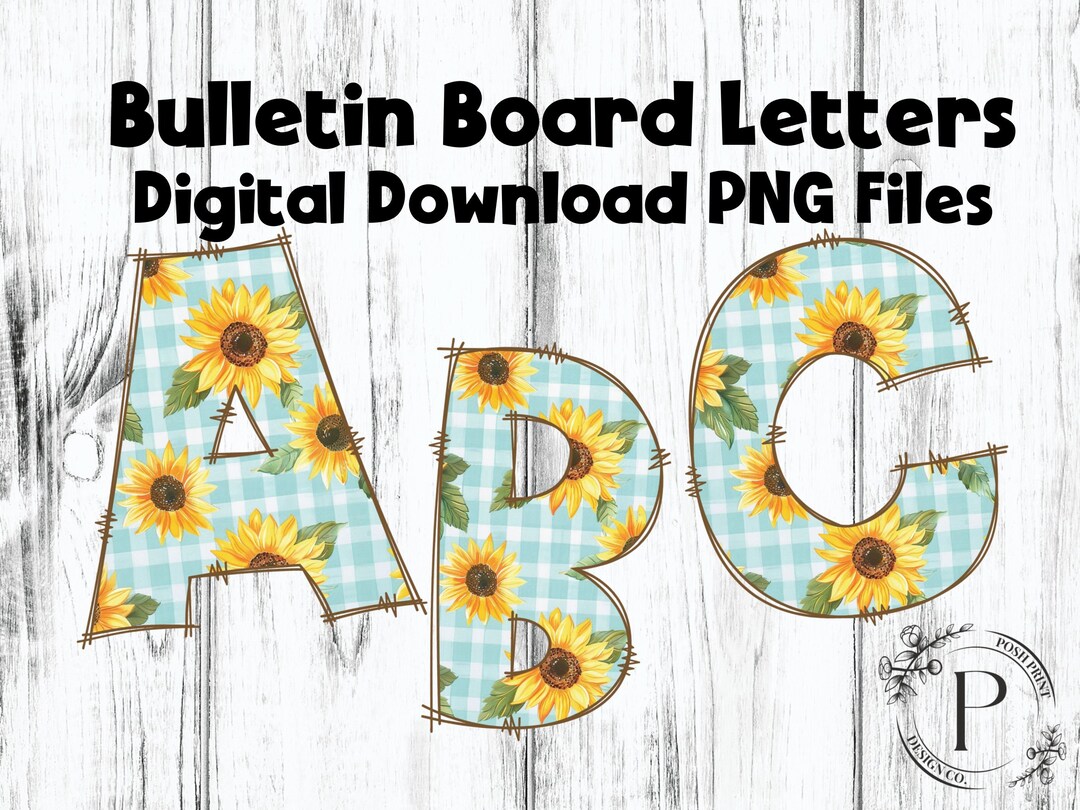 Blue Gingham and Sunflowers Bulletin Board Letters, Alphabet Clip Art ...