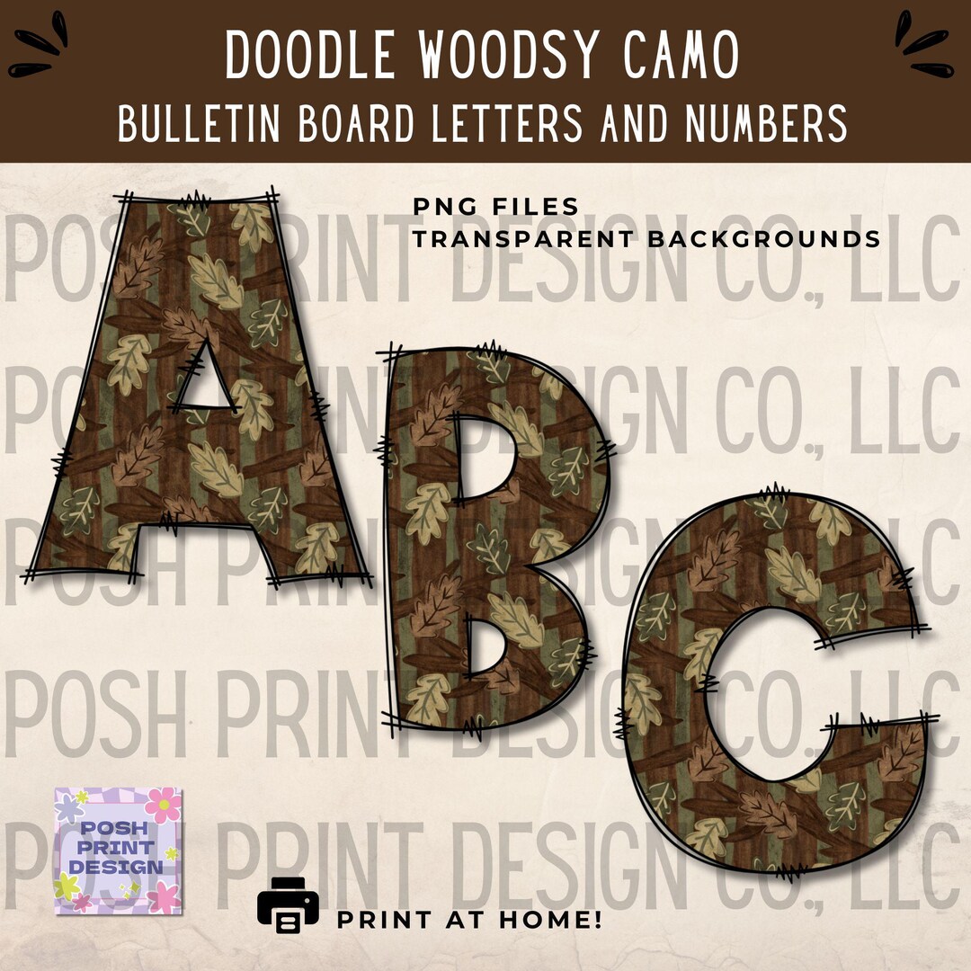 Doodle Woodsy Camo Alphabet Clip Art, Bulletin Board Letters, PNG Files ...