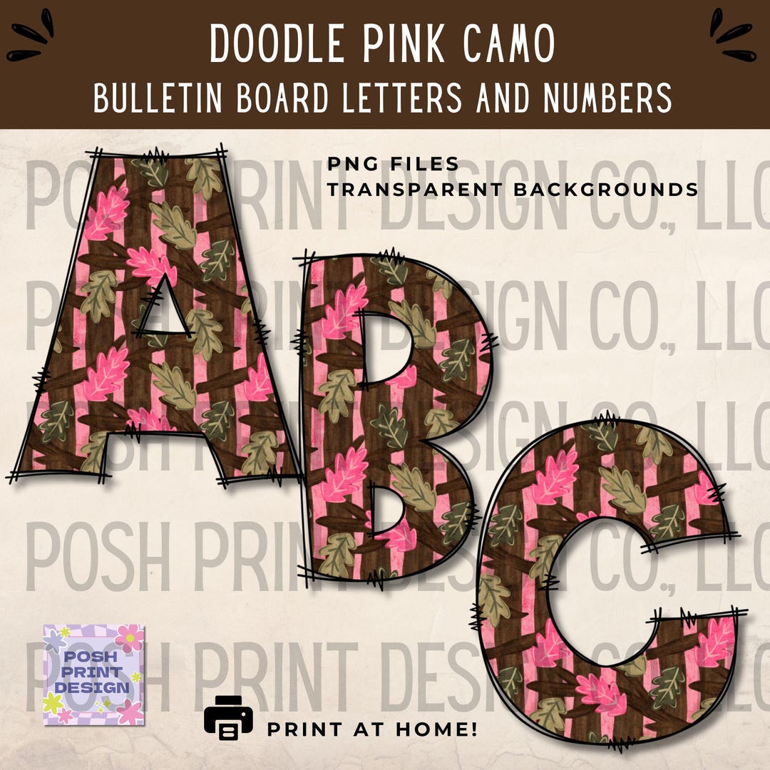 Doodle Pink Camo Alphabet Clip Art, Bulletin Board Letters, PNG Files ...