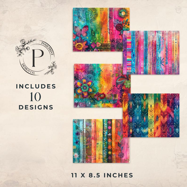 Colorful Boho Hippie Scrapbook Papers, Digital Papers, Junk Journal ...