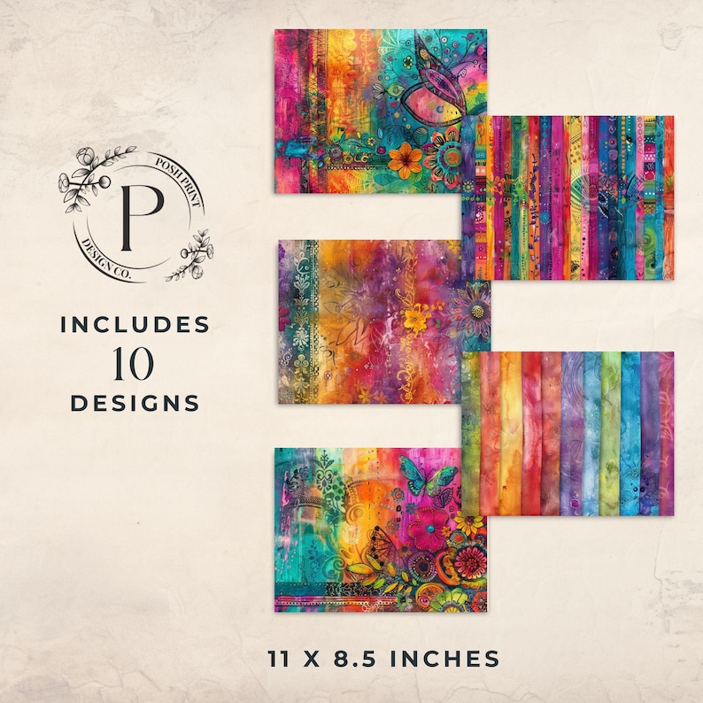 Colorful Boho Hippie Scrapbook Papers, Digital Papers, Junk Journal ...