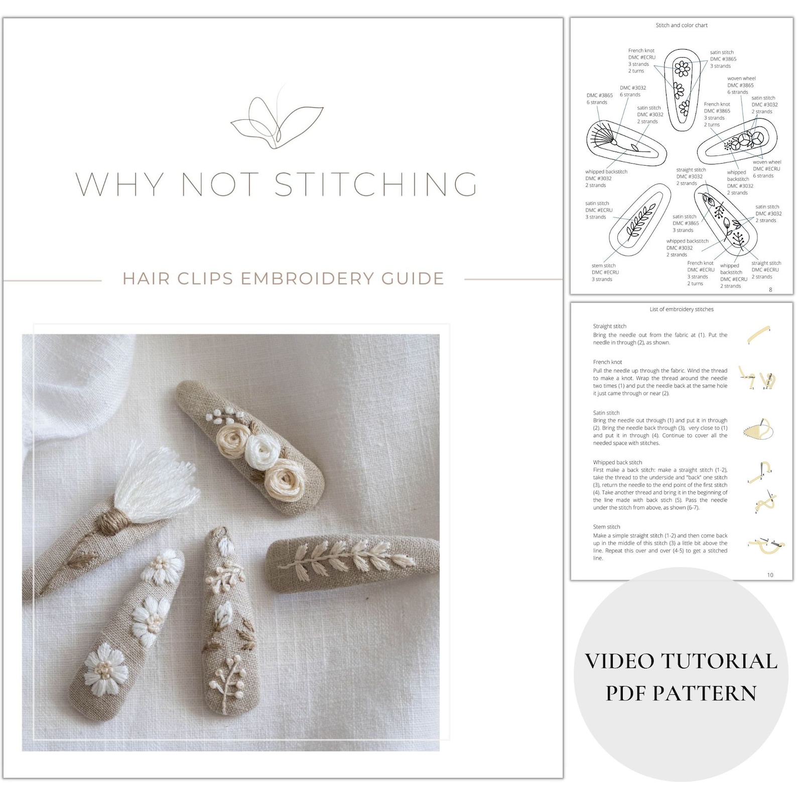Hair Clips Embroidery Pattern Video Tutorial, Beginner Embroidery PDF ...