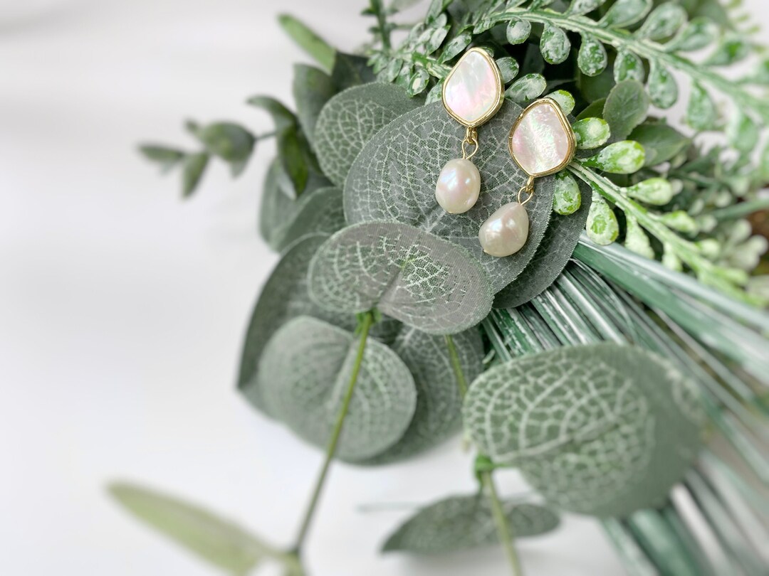 Mother of Pearl and Freshwater Pearl Dangle Stud Earrings in Sterling ...