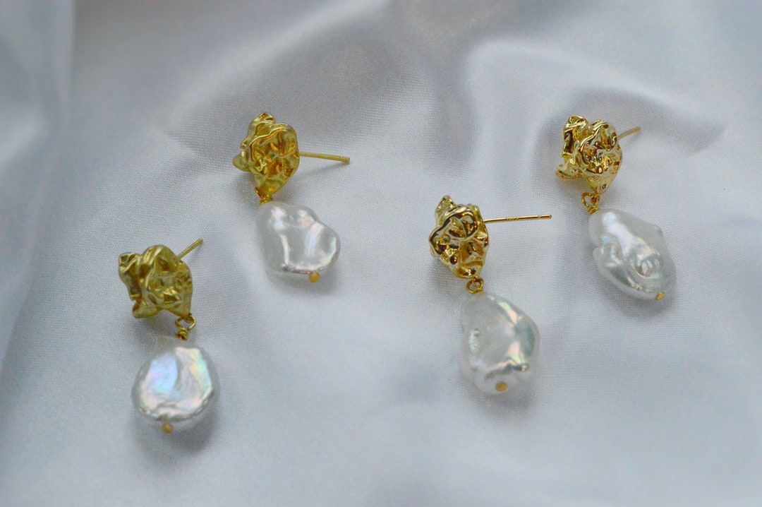 Kira Irregular Large Keshi Pearl Dainty Earrings, Matt Gold Color ...