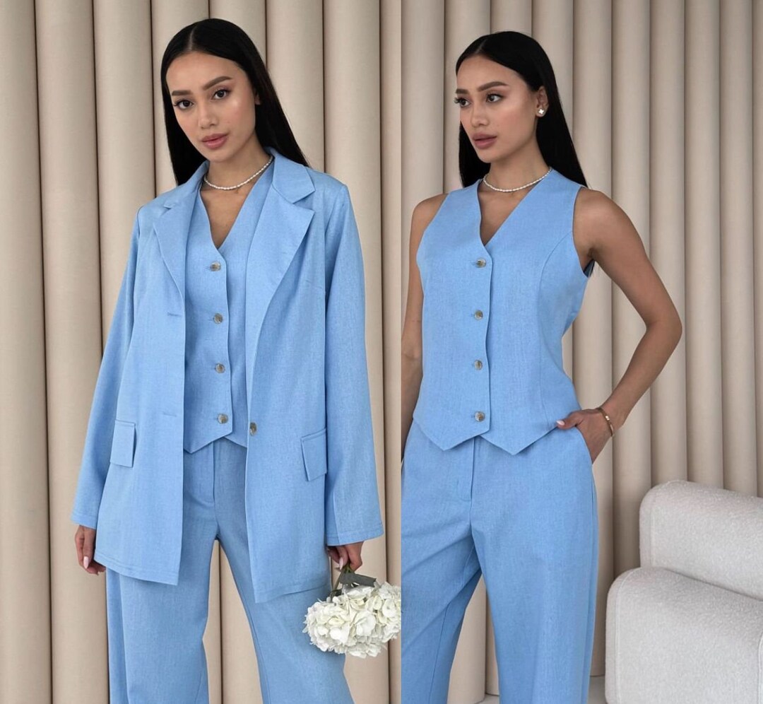 Blue Linen Pantsuit Classic Jacket, Vest & Palazzo Pants - Etsy