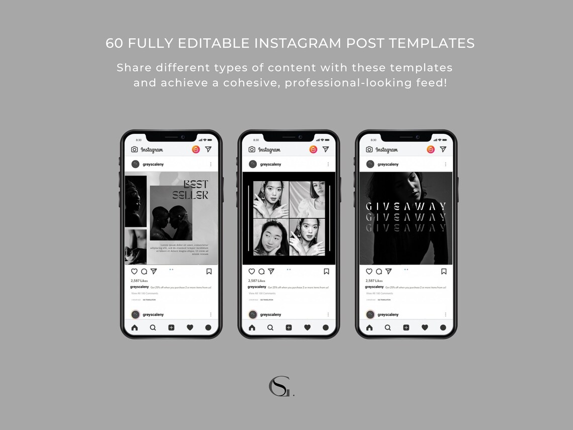 60 Black and White Instagram Post Templates Branding Social - Etsy