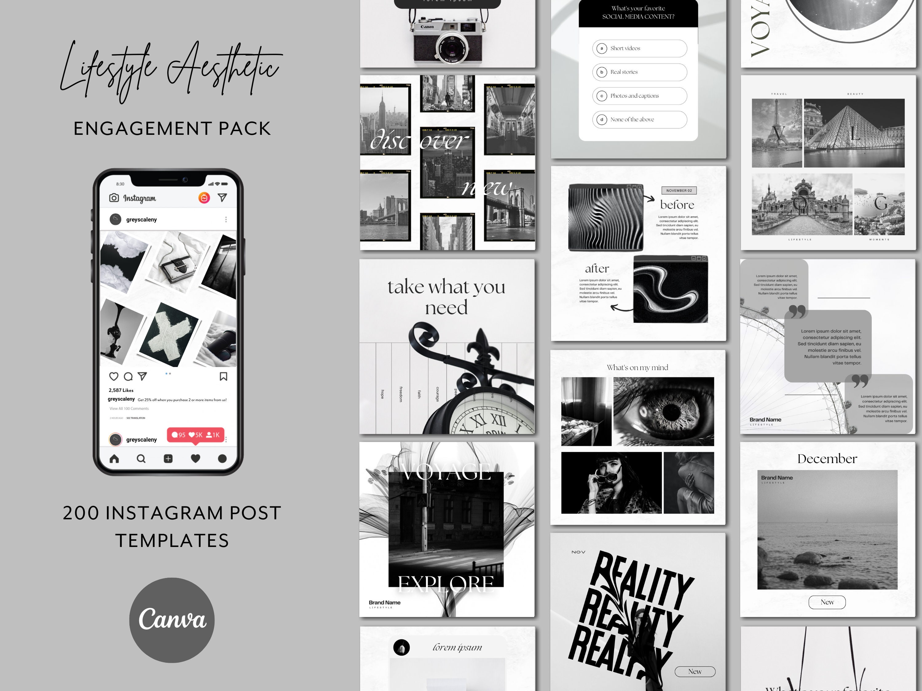 200 Lifestyle Aesthetic Engagement Post Templates Branding Social Media ...