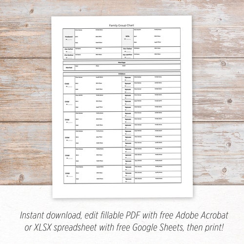 Family Group Chart Digital Printable Fillable PDF and XLSX - Etsy