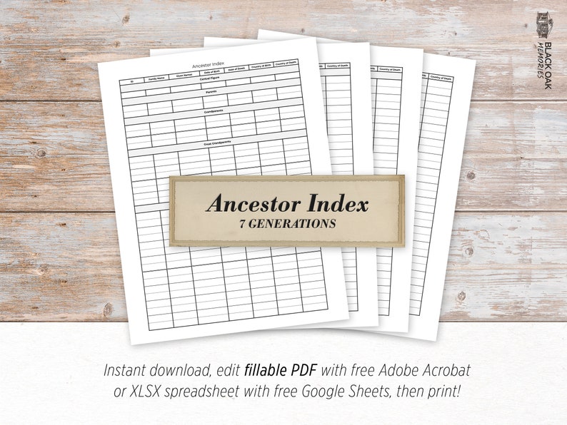 Family Tree Ancestor Index - 7 Generations - Digital, Printable ...