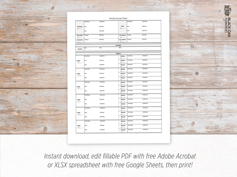 Family Group Chart Digital Printable Fillable PDF and XLSX - Etsy
