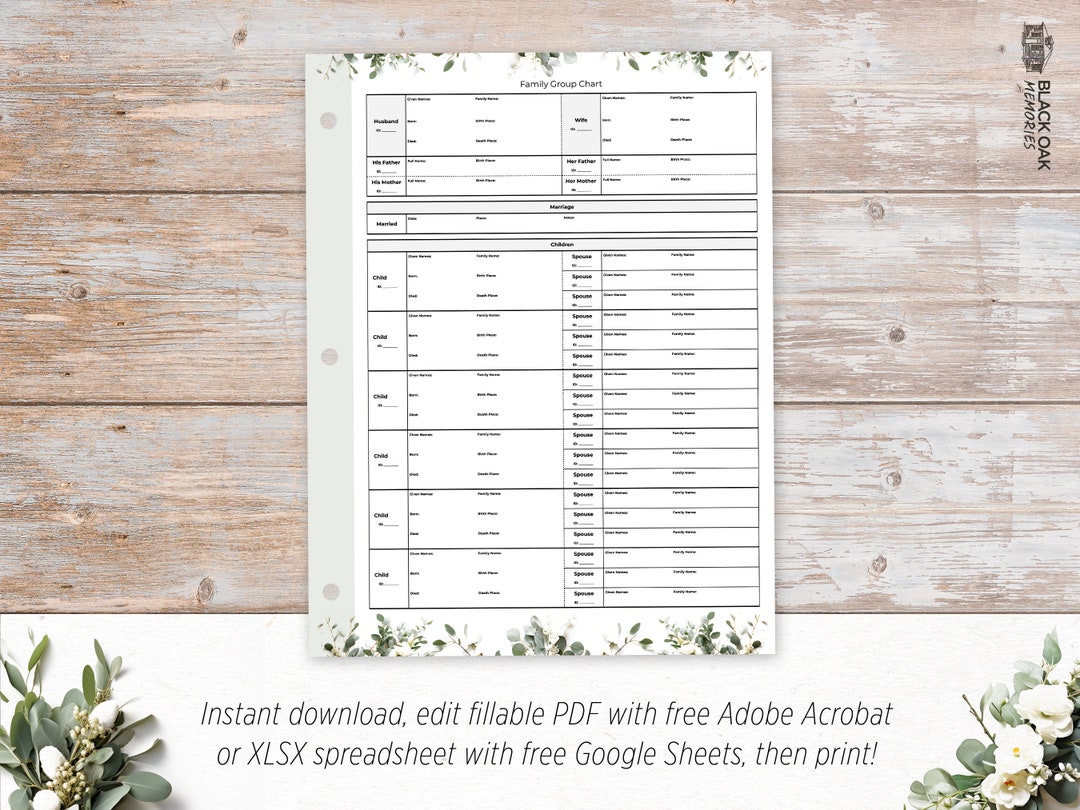 Floral Family Group Chart - Digital, Printable, Fillable PDF and XLSX ...