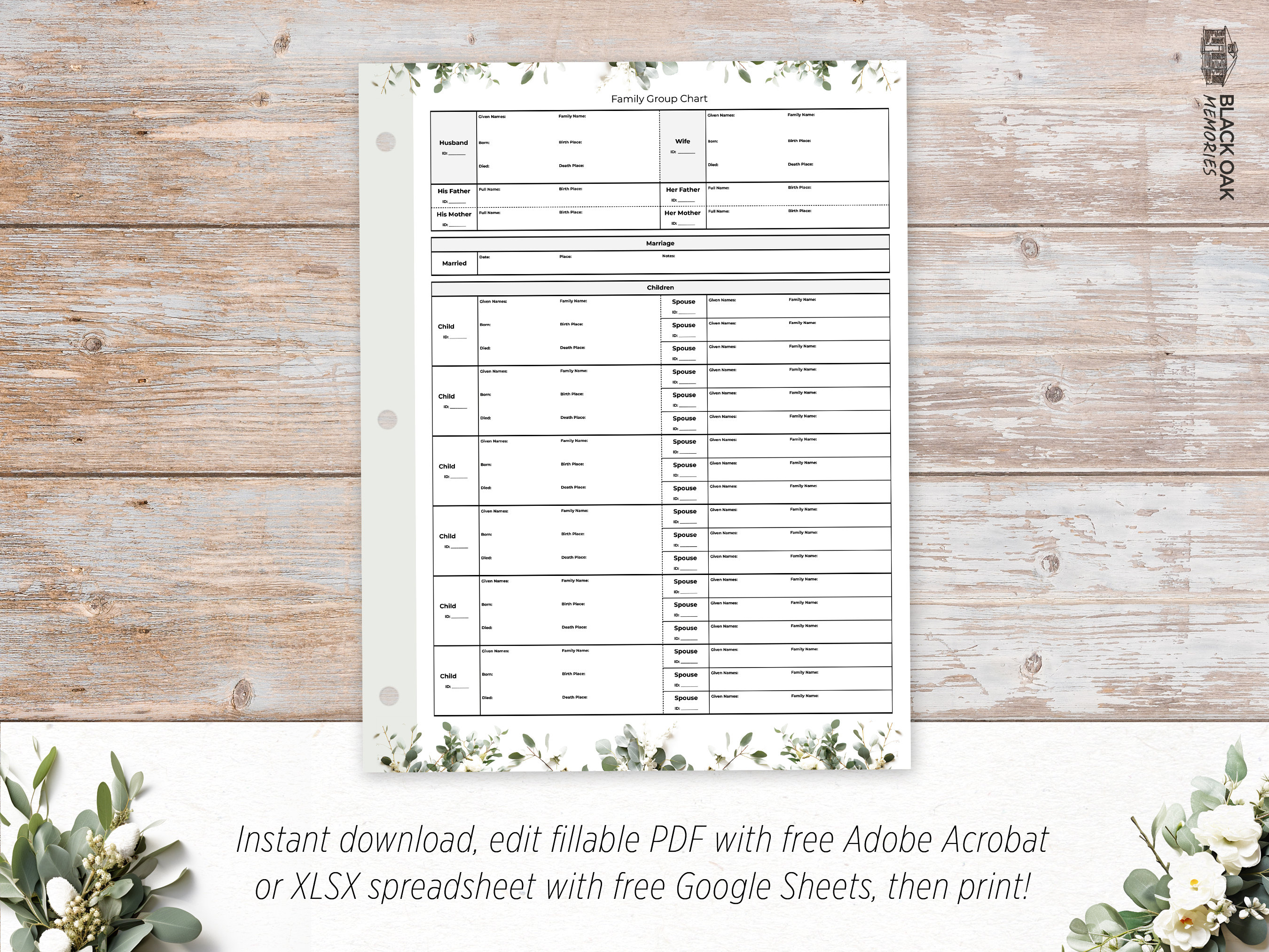 Floral Family Group Chart - Digital, Printable, Fillable PDF and XLSX ...