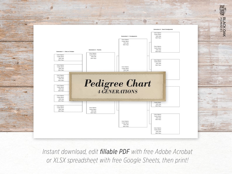 Family Tree Pedigree Chart - 4 Generations - Digital, Printable ...