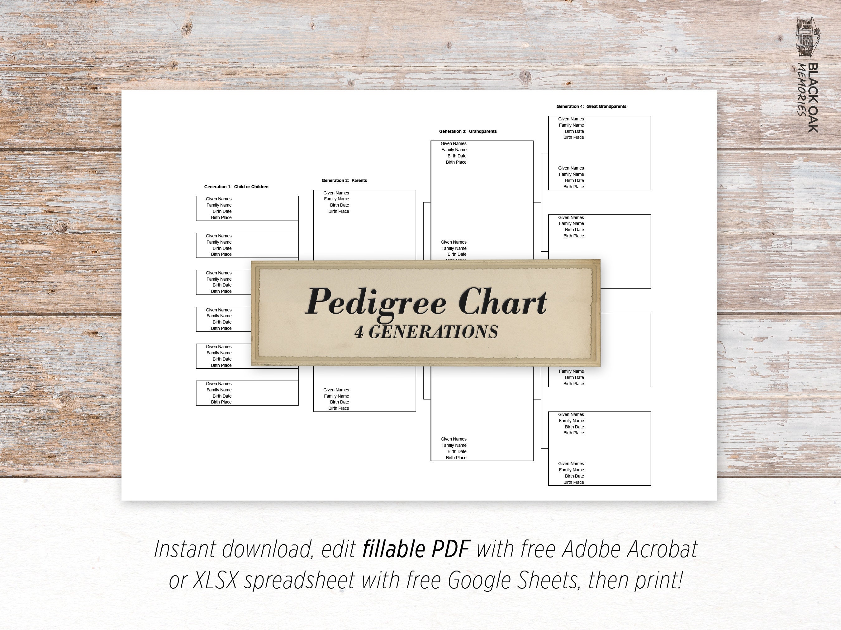 Family Tree Pedigree Chart - 4 Generations - Digital, Printable ...
